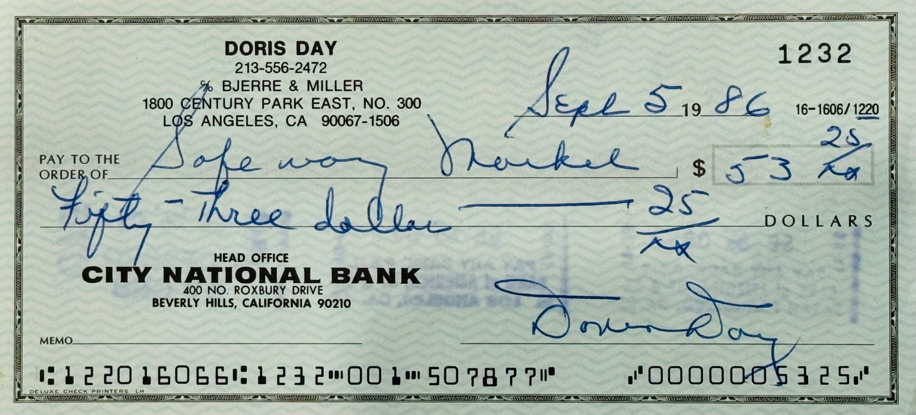 Doris Day American Actress & Singer Signed Personal Check September 19 ...