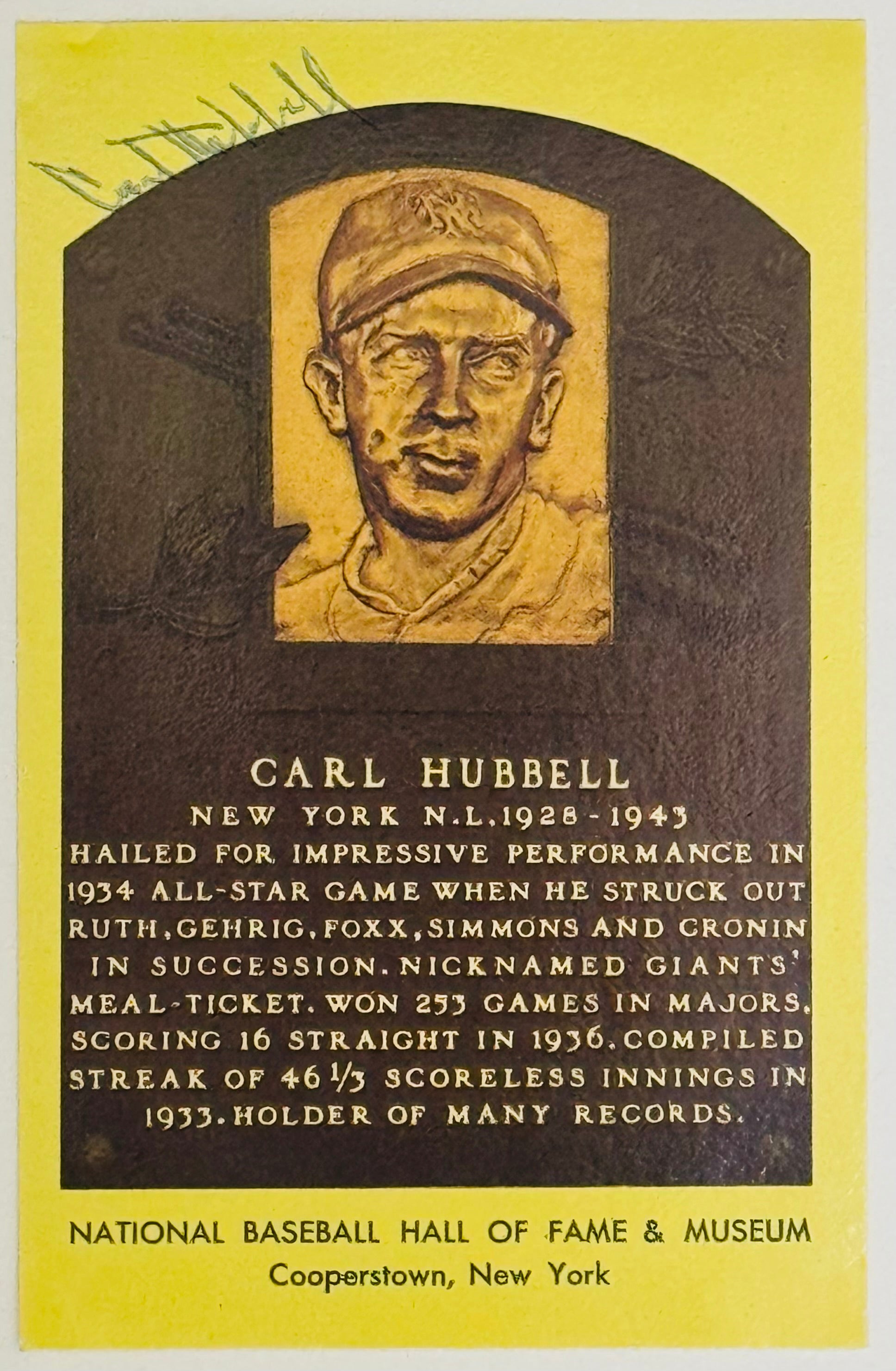 Carl Hubbell Autographed Hall of Fame Plaque Postcard | Hollywood ...