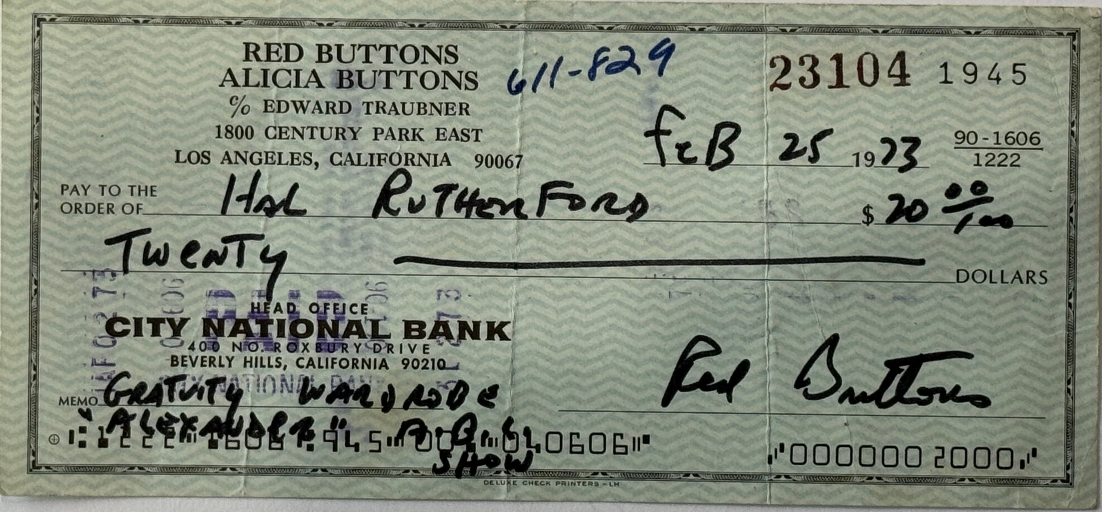 Red Buttons American Actor & Comedian Signed Personal Check February 1 ...