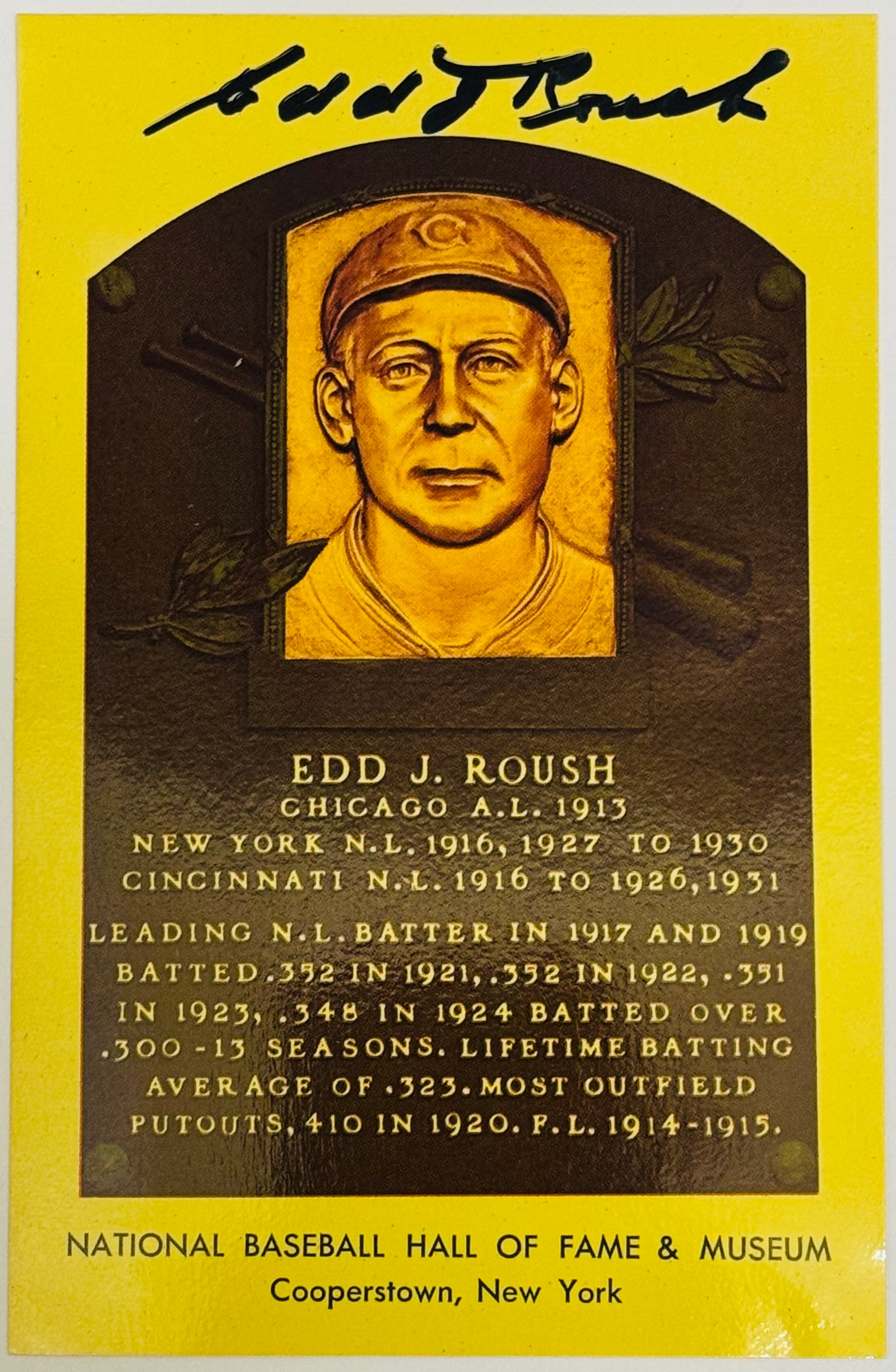 Edd Roush Autographed Hall of Fame Plaque Postcard | Hollywood Collectibles