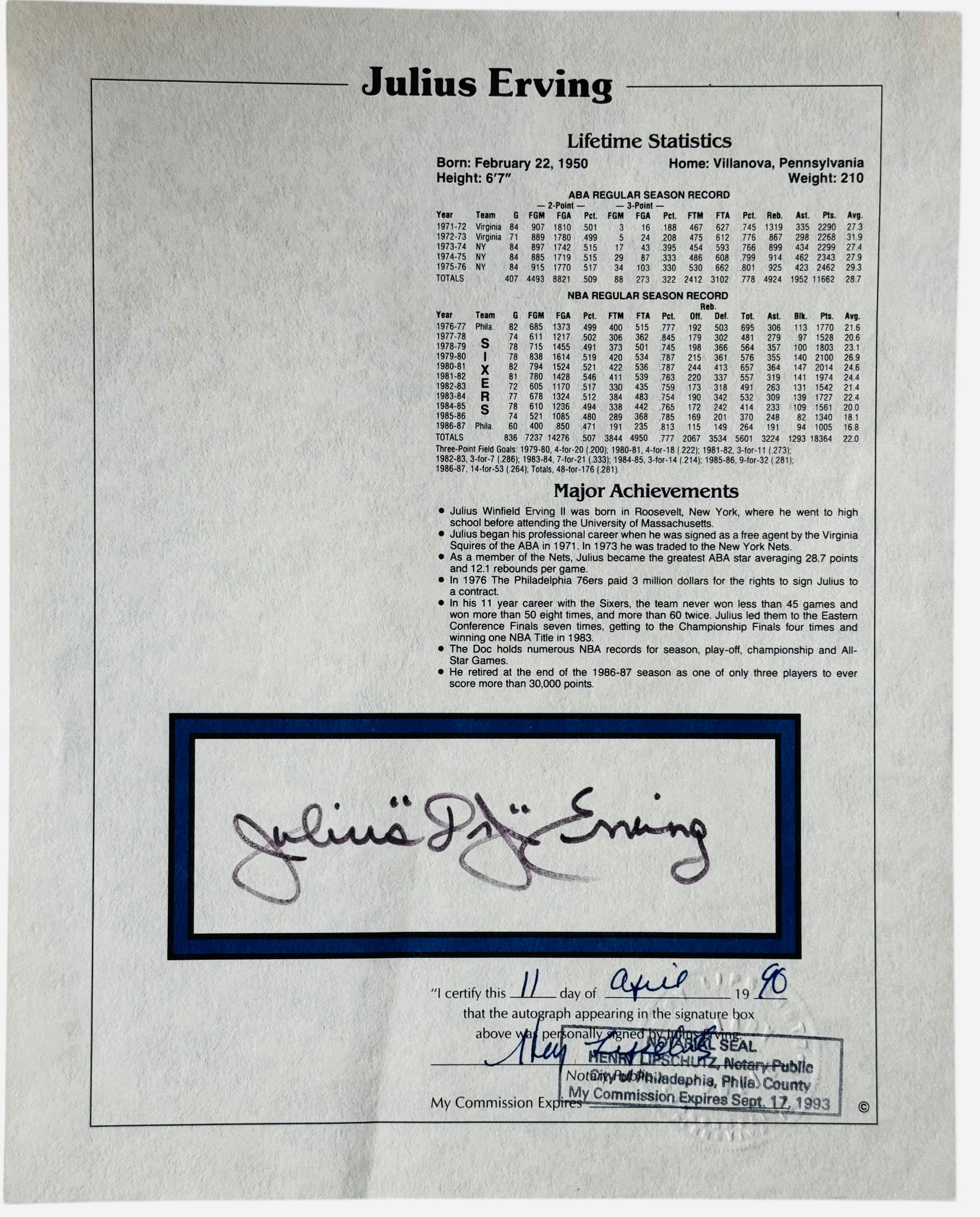 Julius Dr J Erving Autographed 8x10 Notarized Lifetime Stat Sheet ...