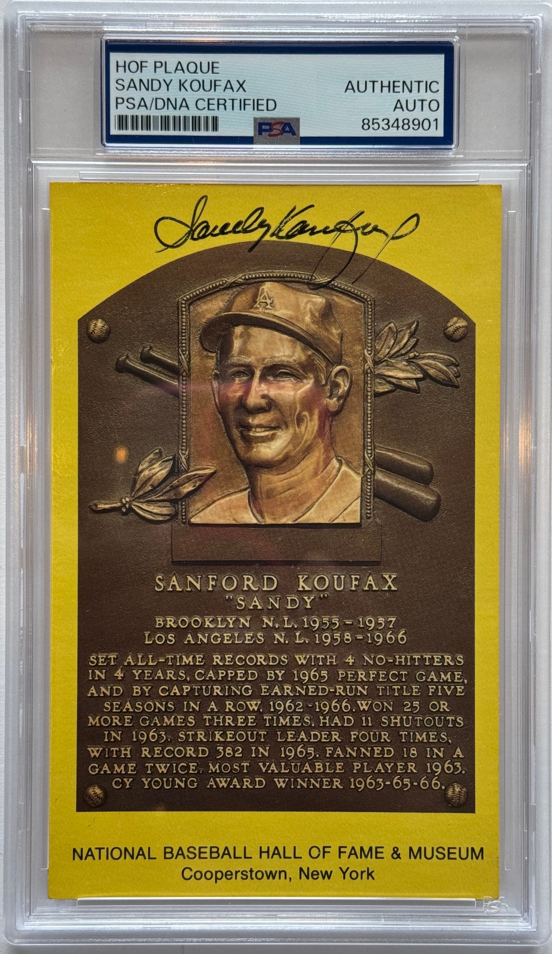 Sandy Koufax Autographed Hall of Fame Plaque Postcard (PSA) | Hollywood ...