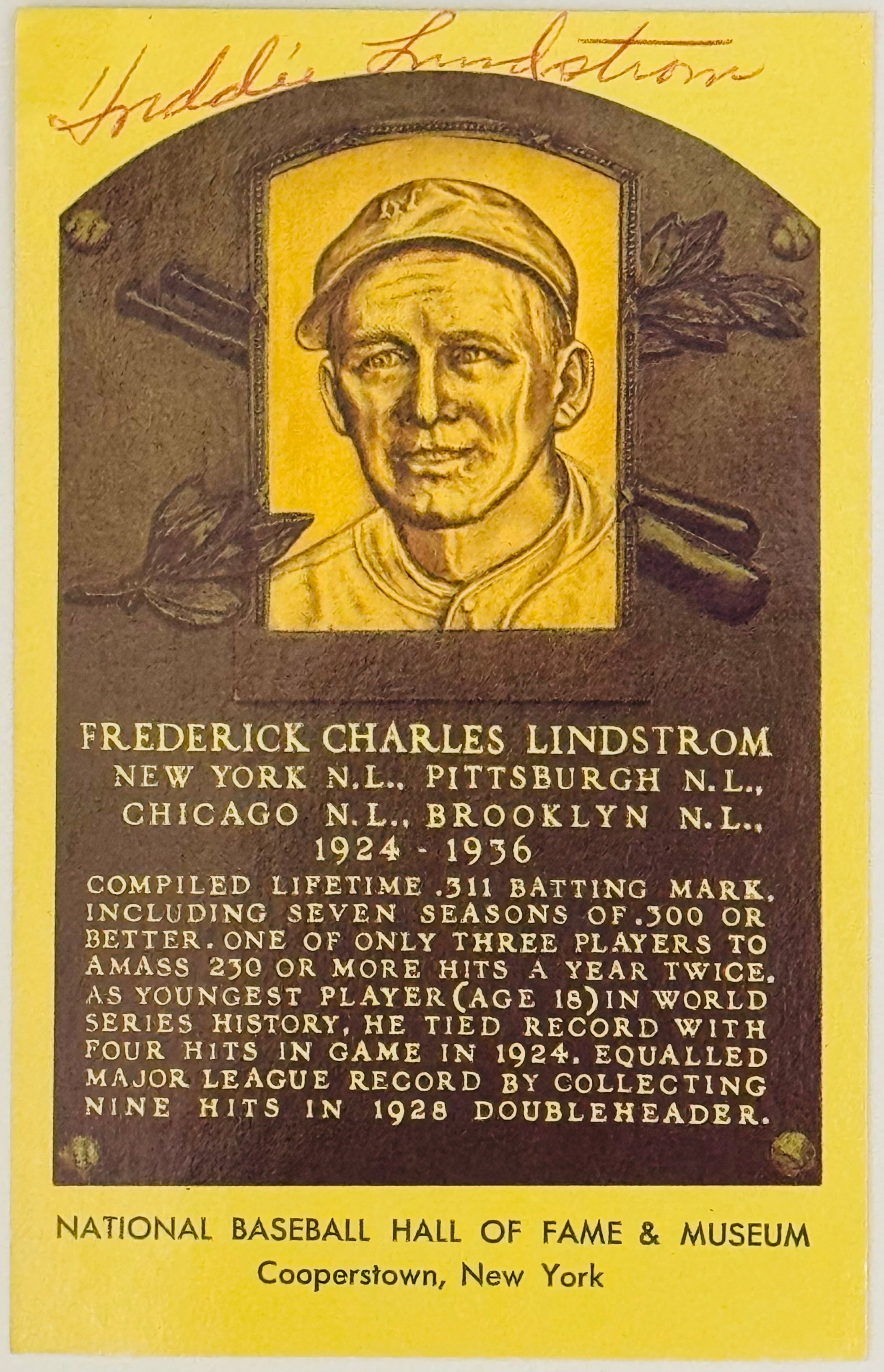 Freddie Lindstrom Autographed Hall of Fame Plaque Postcard | Hollywood ...