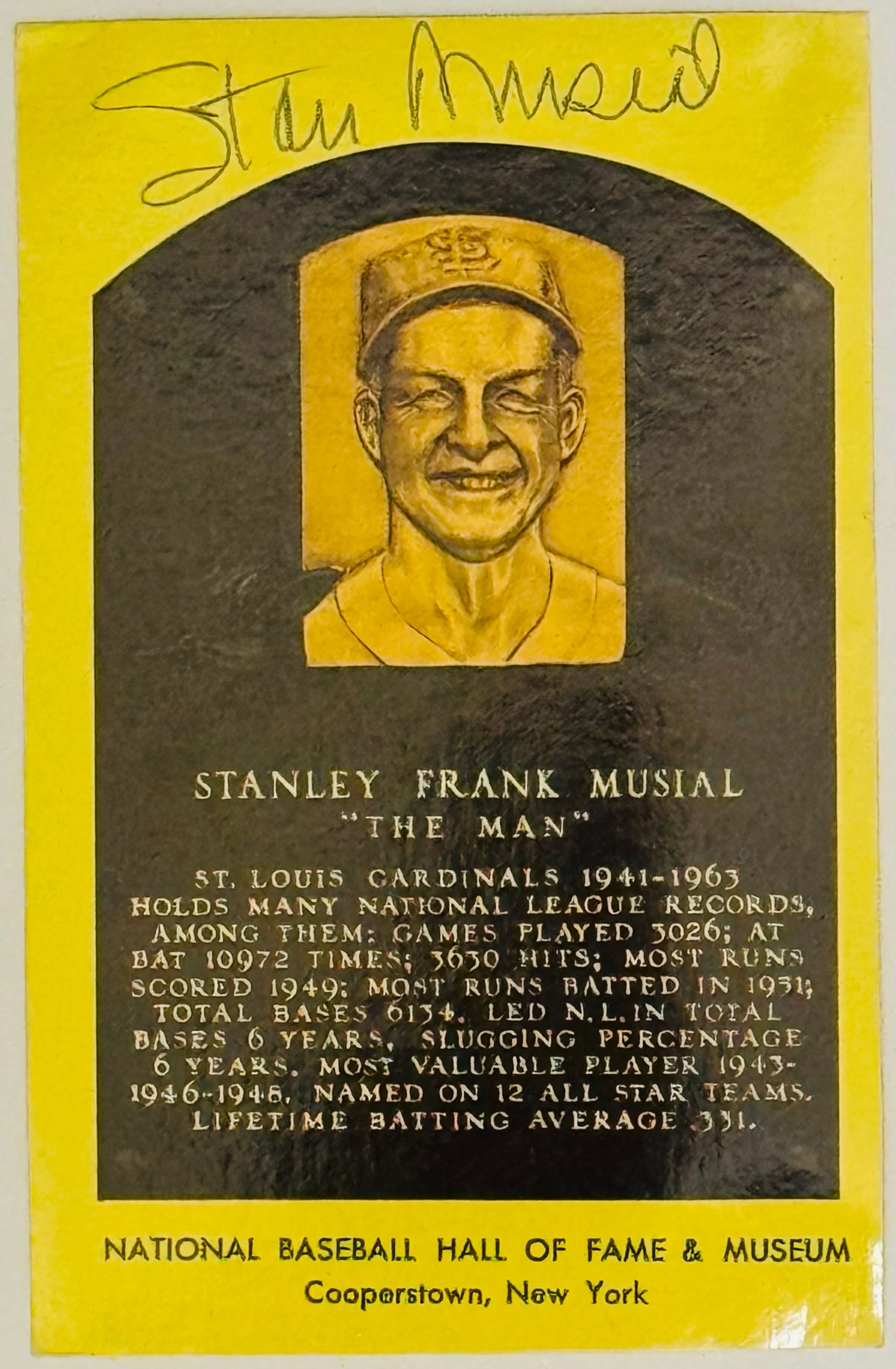 Stan Musial Autographed Hall of Fame Plaque Postcard | Hollywood ...