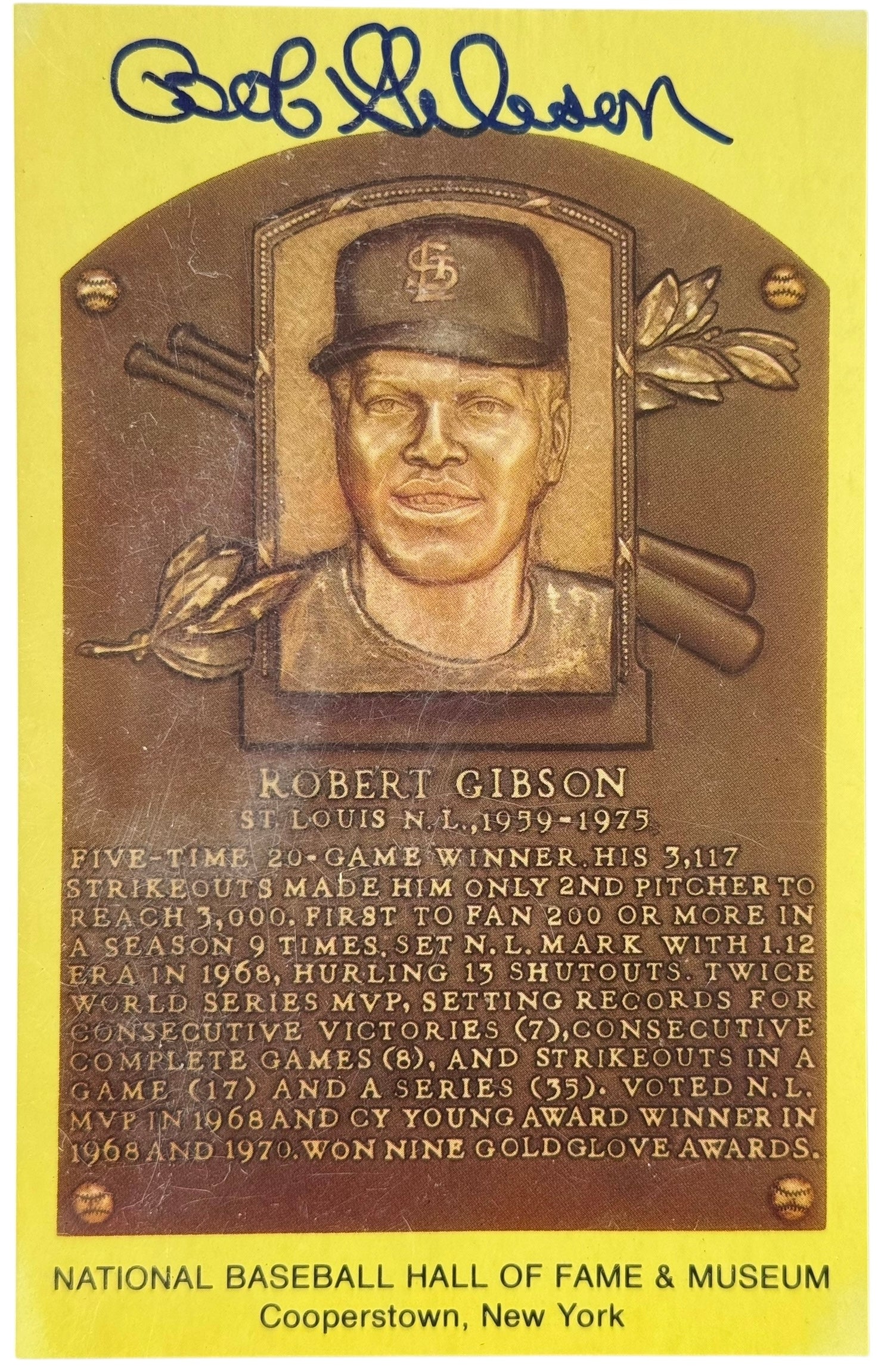 Bob Gibson Autographed Hall of Fame Plaque Postcard | Hollywood ...