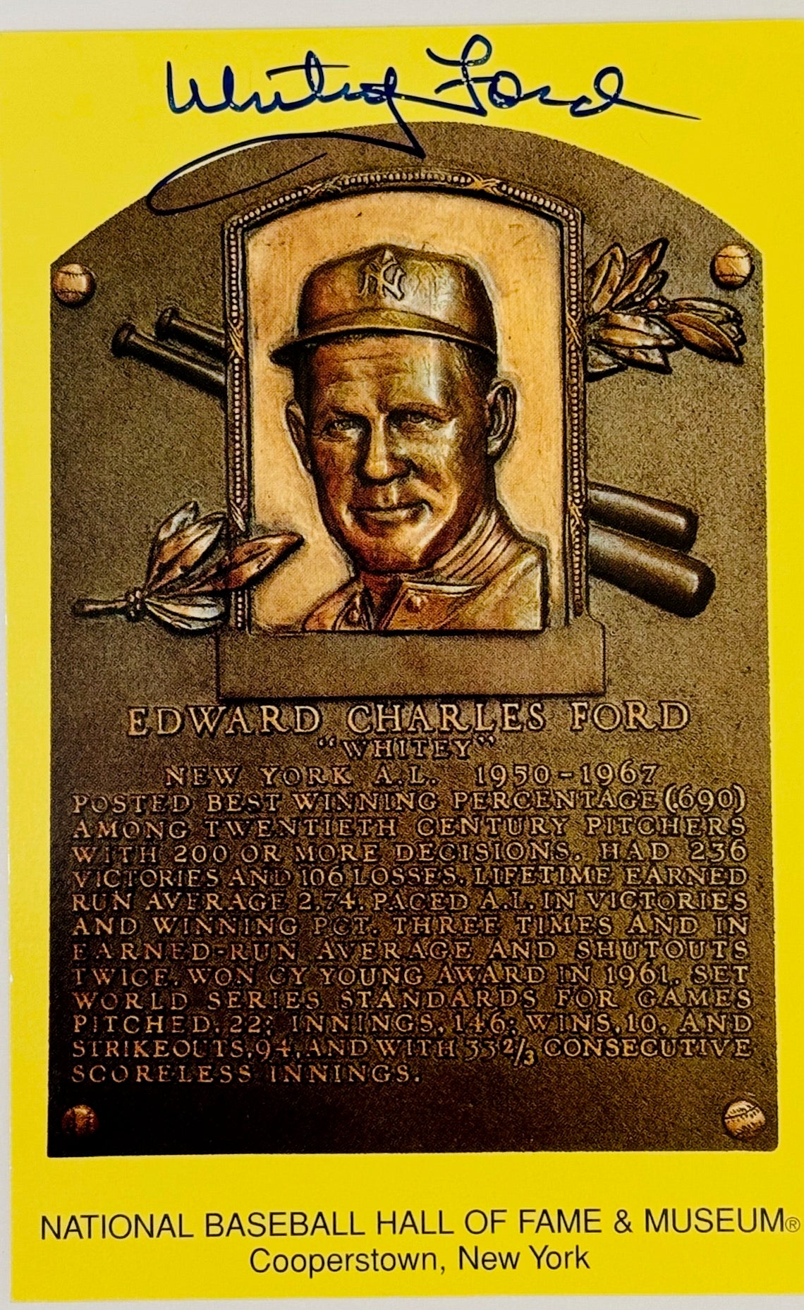 Whitey Ford Autographed Hall of Fame Plaque (JSA) | Hollywood Collectibles
