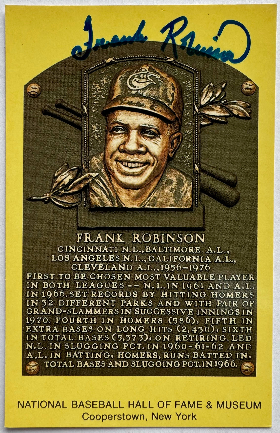 Frank Robinson Autographed Hall of Fame Plaque Postcard (JSA ...