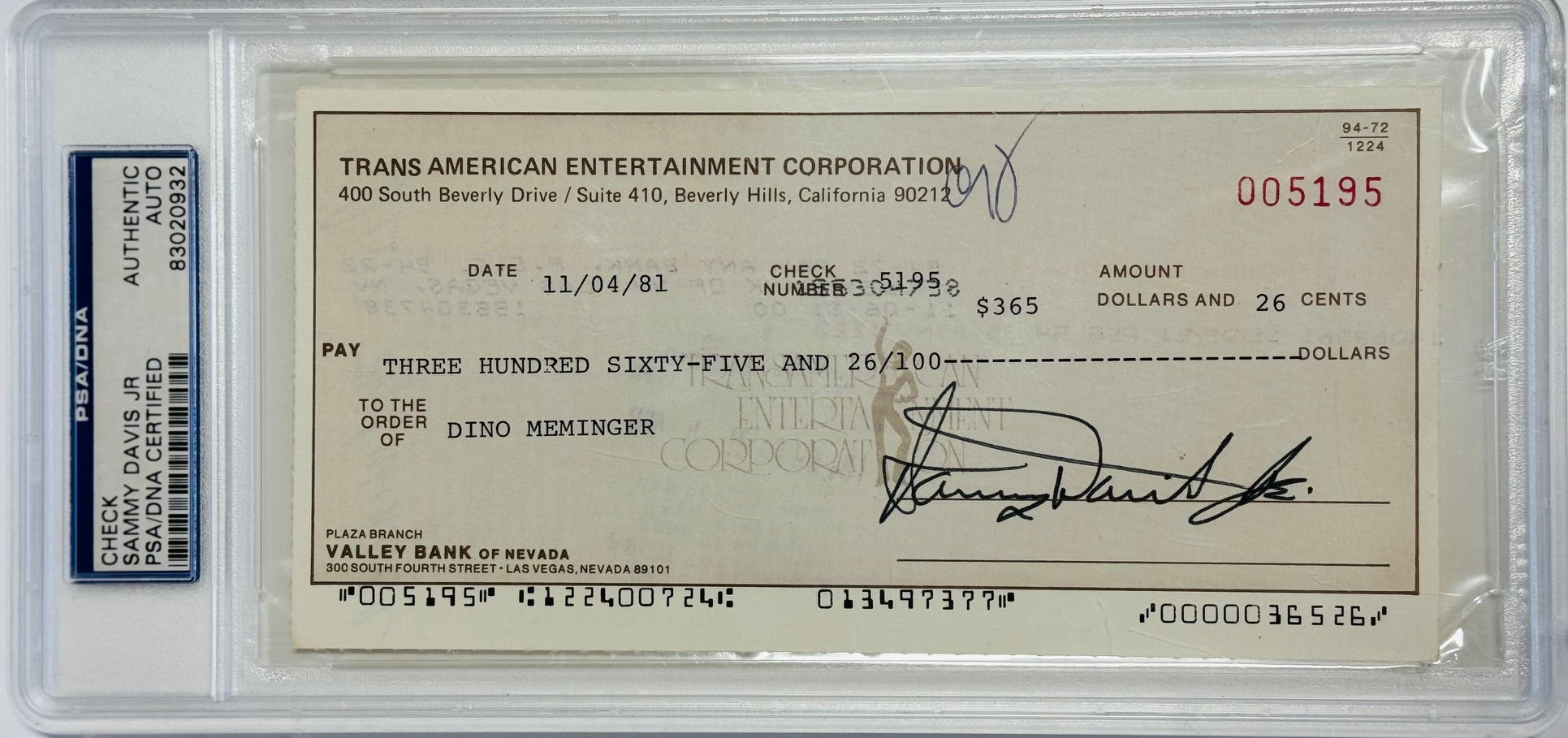Sammy Davis Jr Autographed Check (PSA) | Hollywood Collectibles