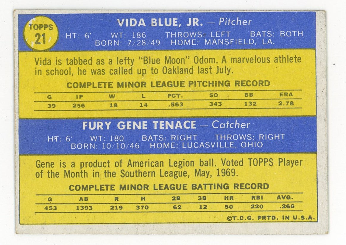Vida Blue and Gene Tenace Topps 1970 Rookie Stars Athletics #21 Card ...