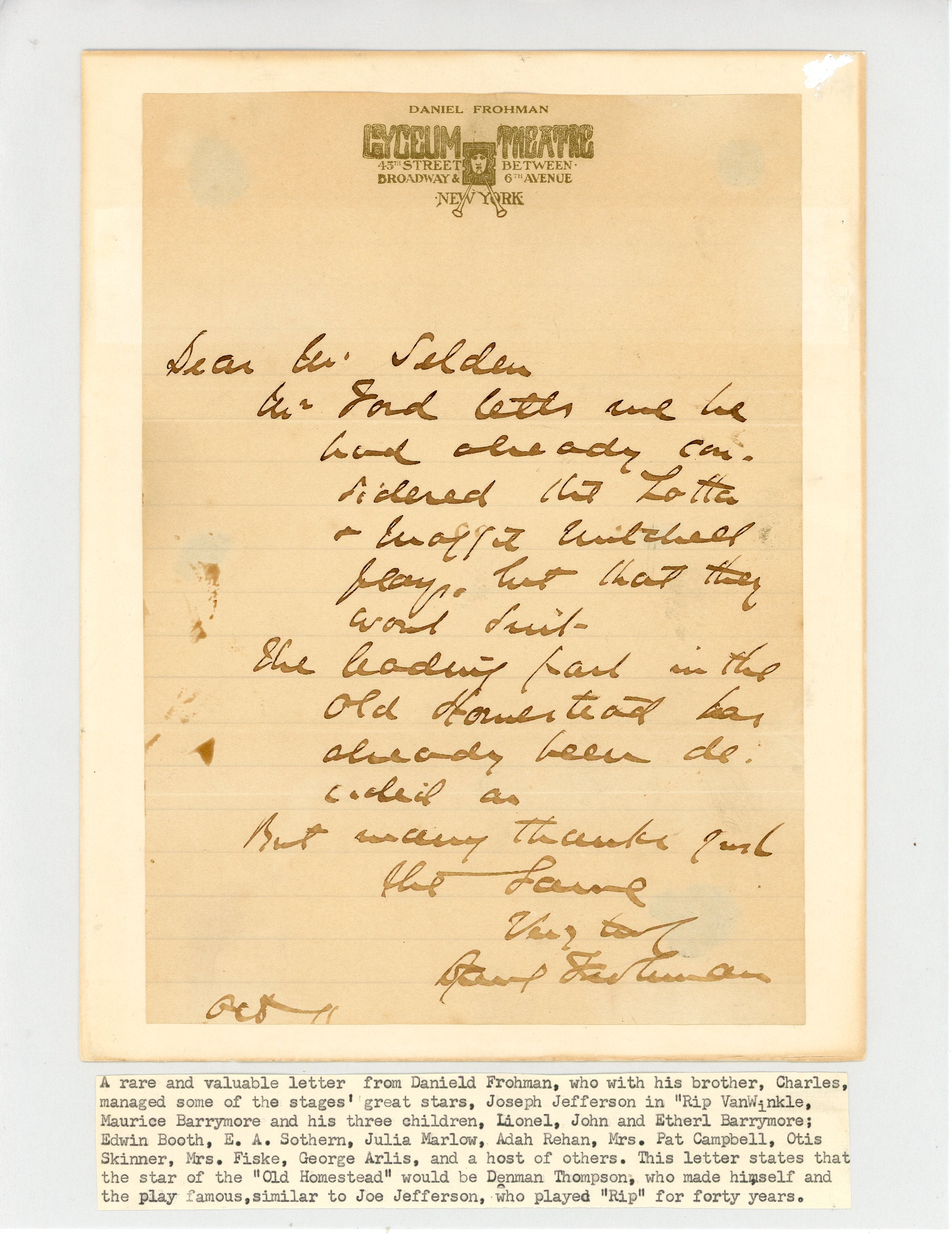 Daniel Frohman Autographed Letter | Hollywood Collectibles