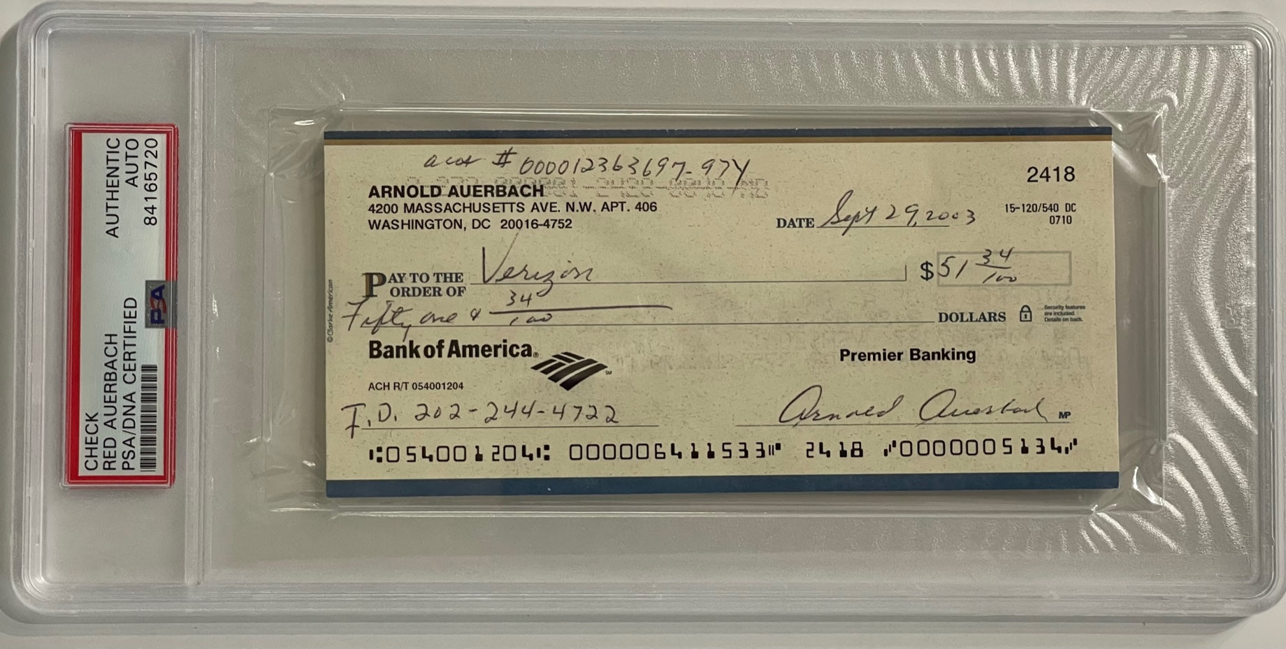 Red Auerbach Signed Personal Check (PSA Authentic) | Hollywood Collectibles