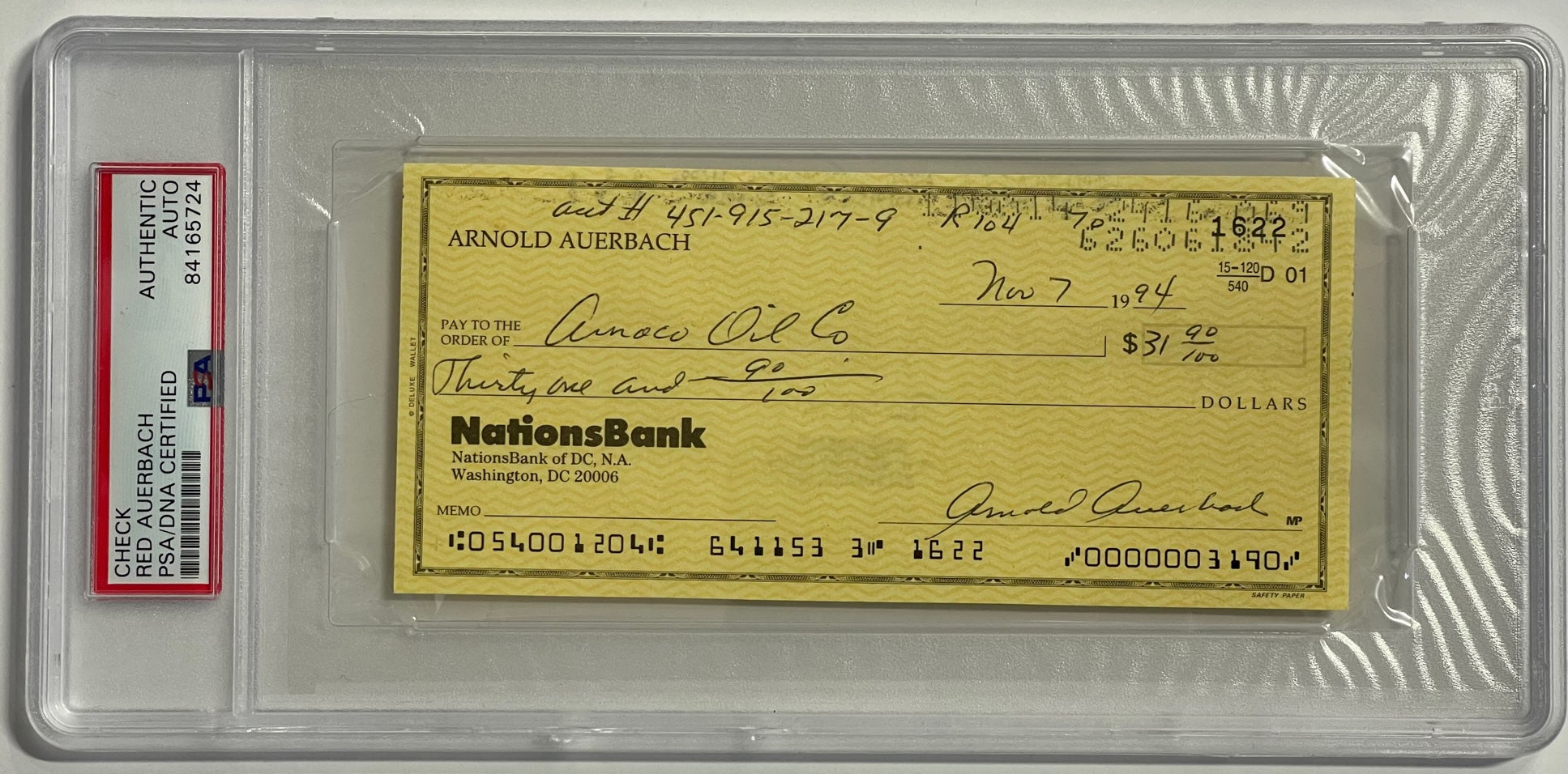 Red Auerbach Signed Personal Check (PSA Authentic) | Hollywood Collectibles