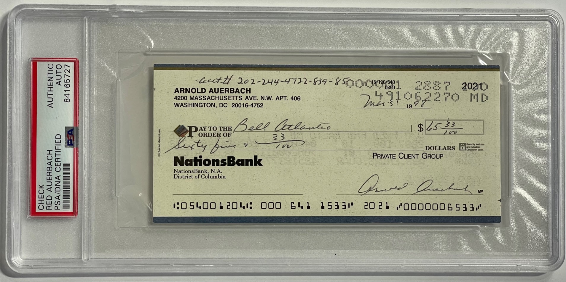 Red Auerbach Signed Personal Check (PSA Authentic) | Hollywood Collectibles