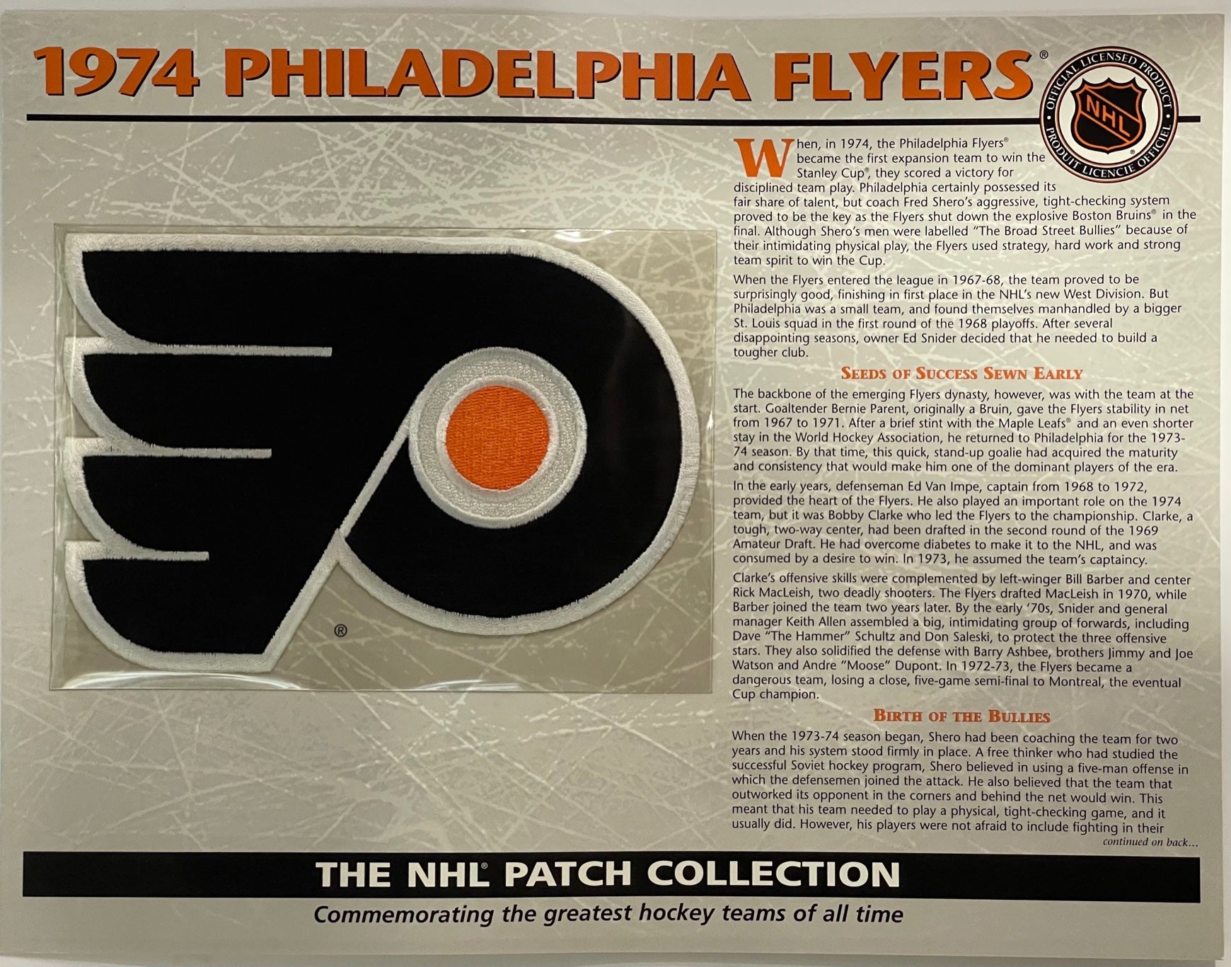 NHL 1974 Philadelphia Flyers Official Patch on Team History Card ...
