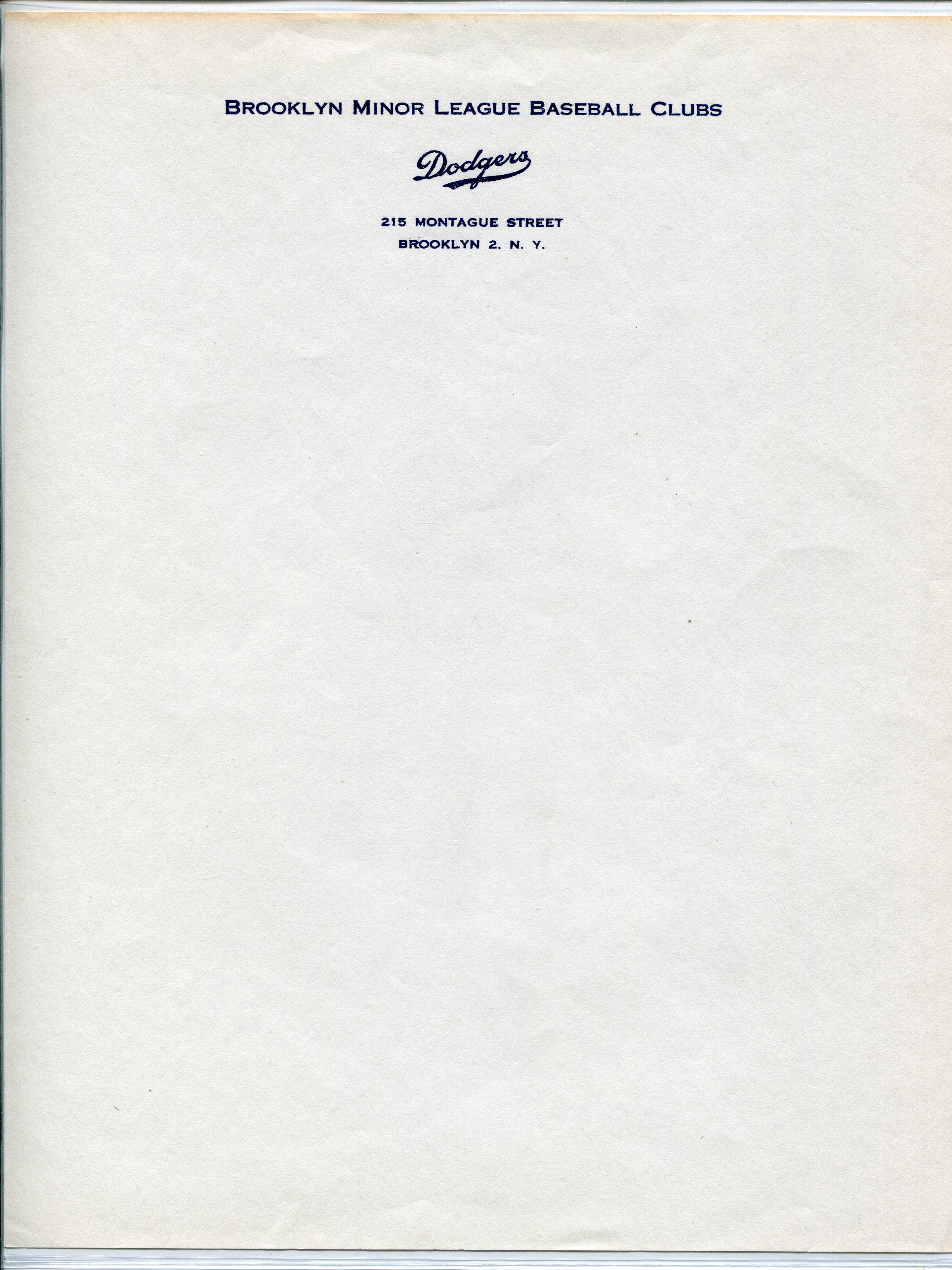 Brooklyn Minor League Baseball Clubs Original Letterhead | Hollywood ...