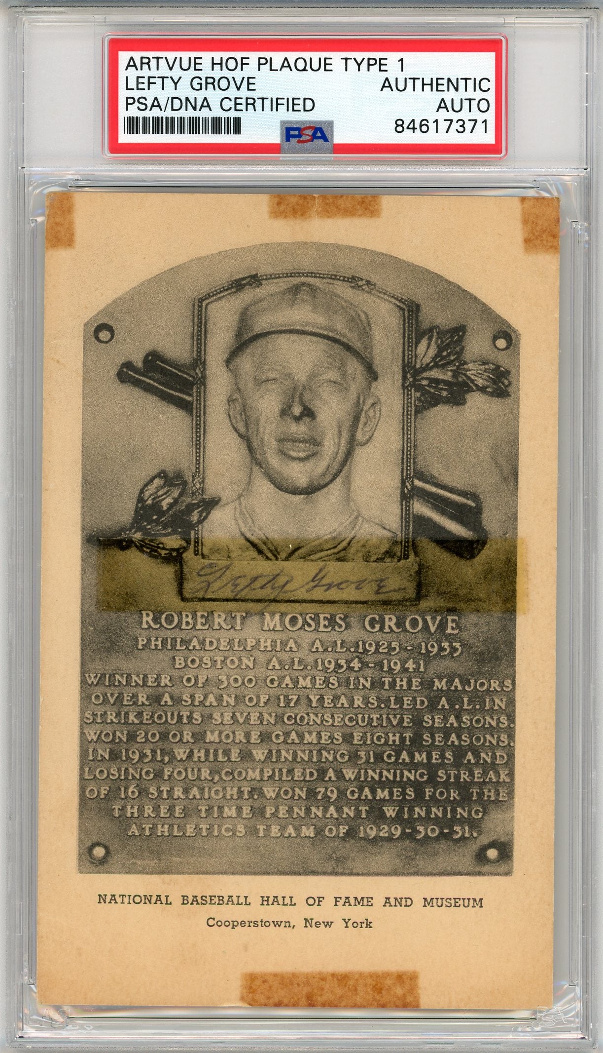 Lefty Grove Autographed Artvue HOF Plaque Type 1 Postcard (PSA ...