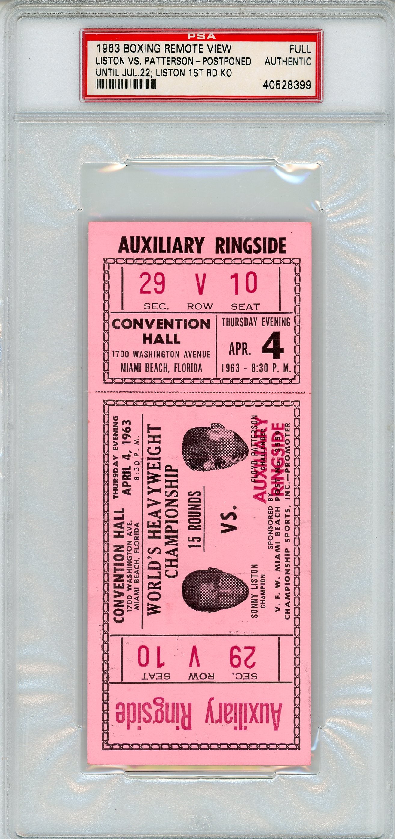 Sonny Liston Vs. Floyd Patterson 1963 Boxing Remote View Ticket (PSA ...