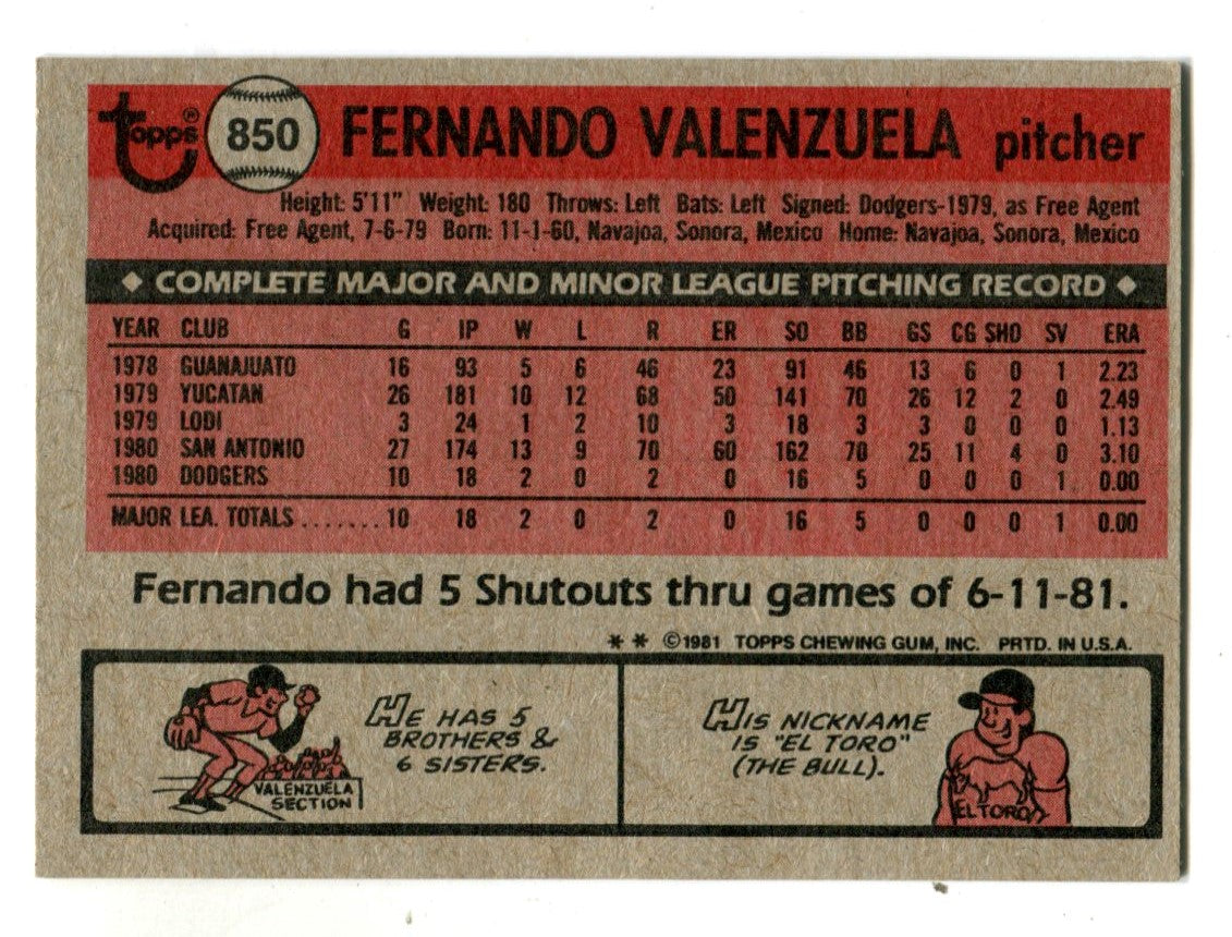 Fernando Valenzuela 1981 Topps #850 Rookie Card | Hollywood Collectibles