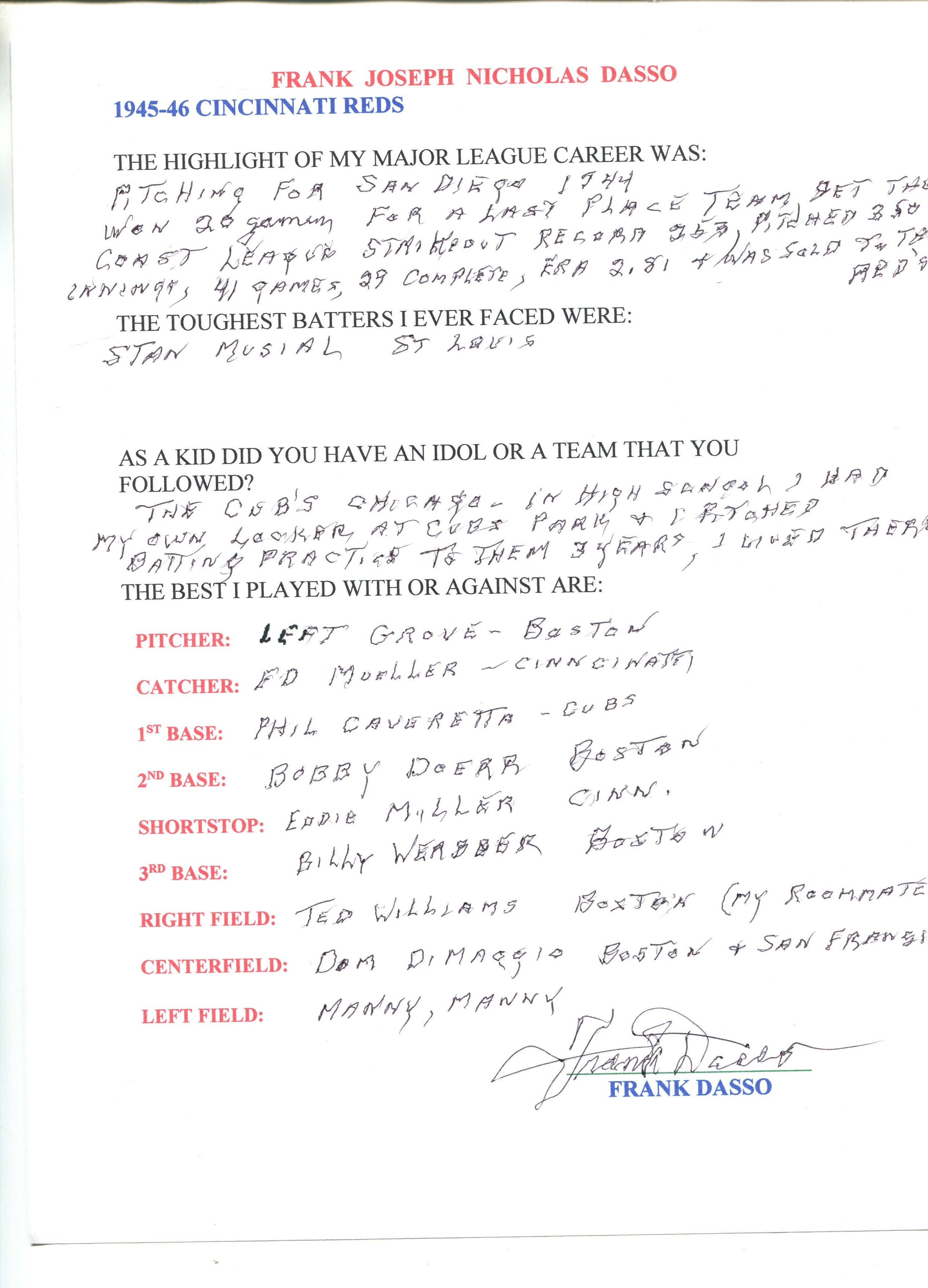 Frank Joseph Nicholas Dasso Autographed Hand Filled Out Survey Page ...