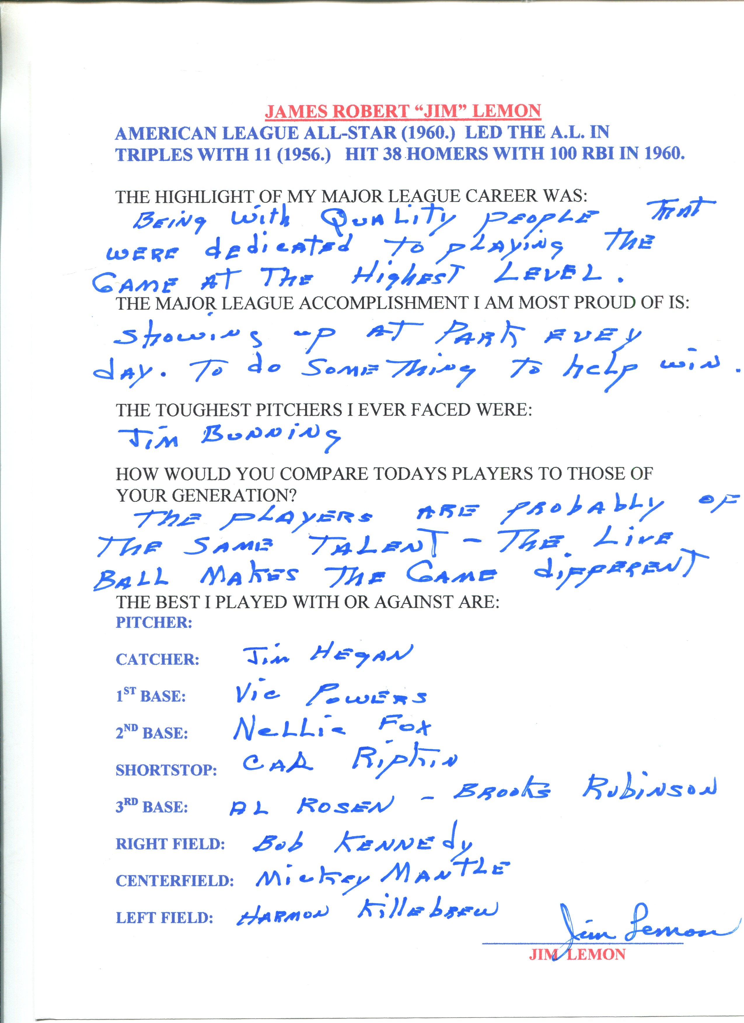 Jim Lemon Autographed Hand Filled Out Survey Page | Hollywood Collectibles