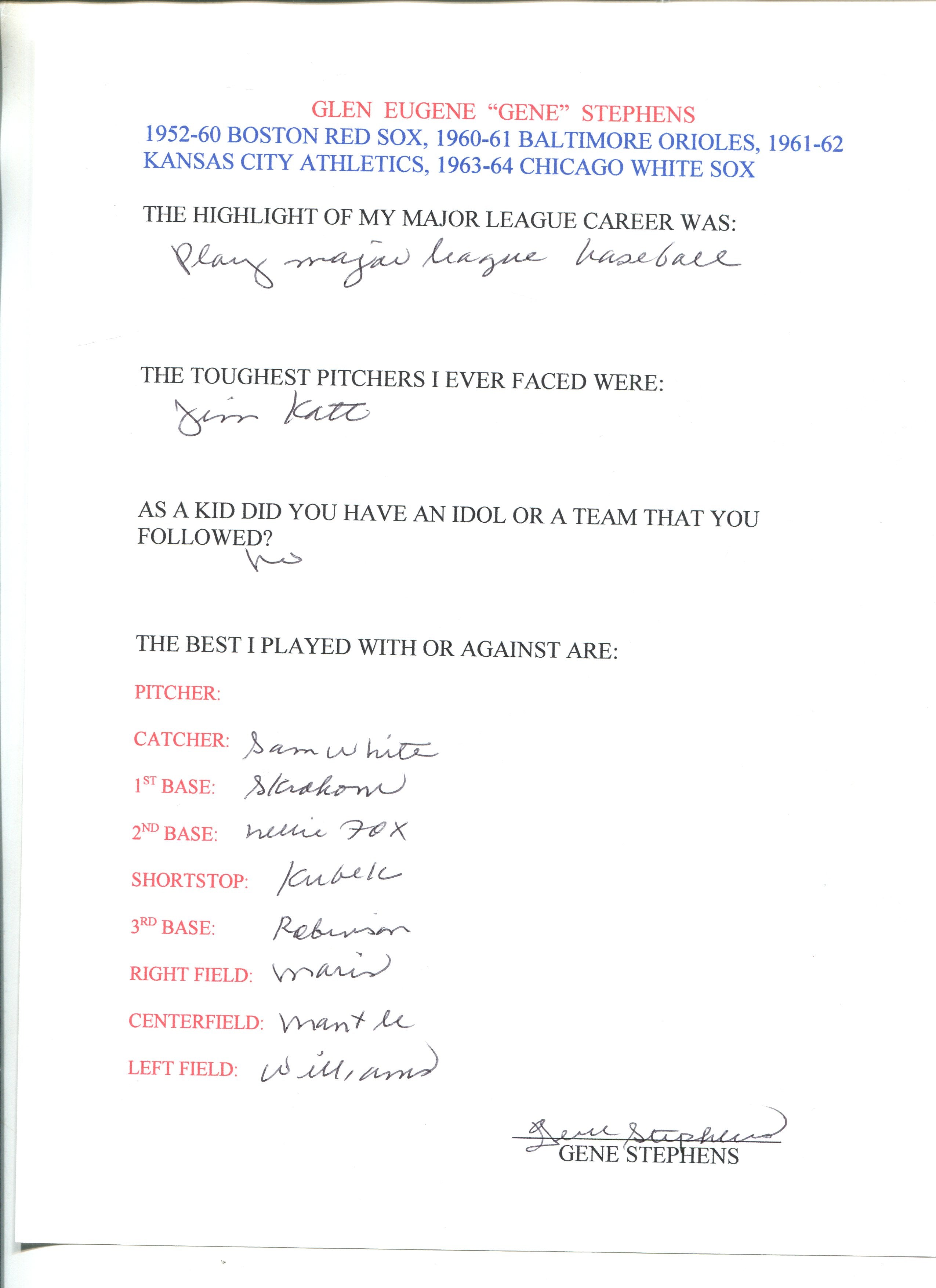 Gene Stephens Autographed Hand Filled Out Survey Page | Hollywood ...