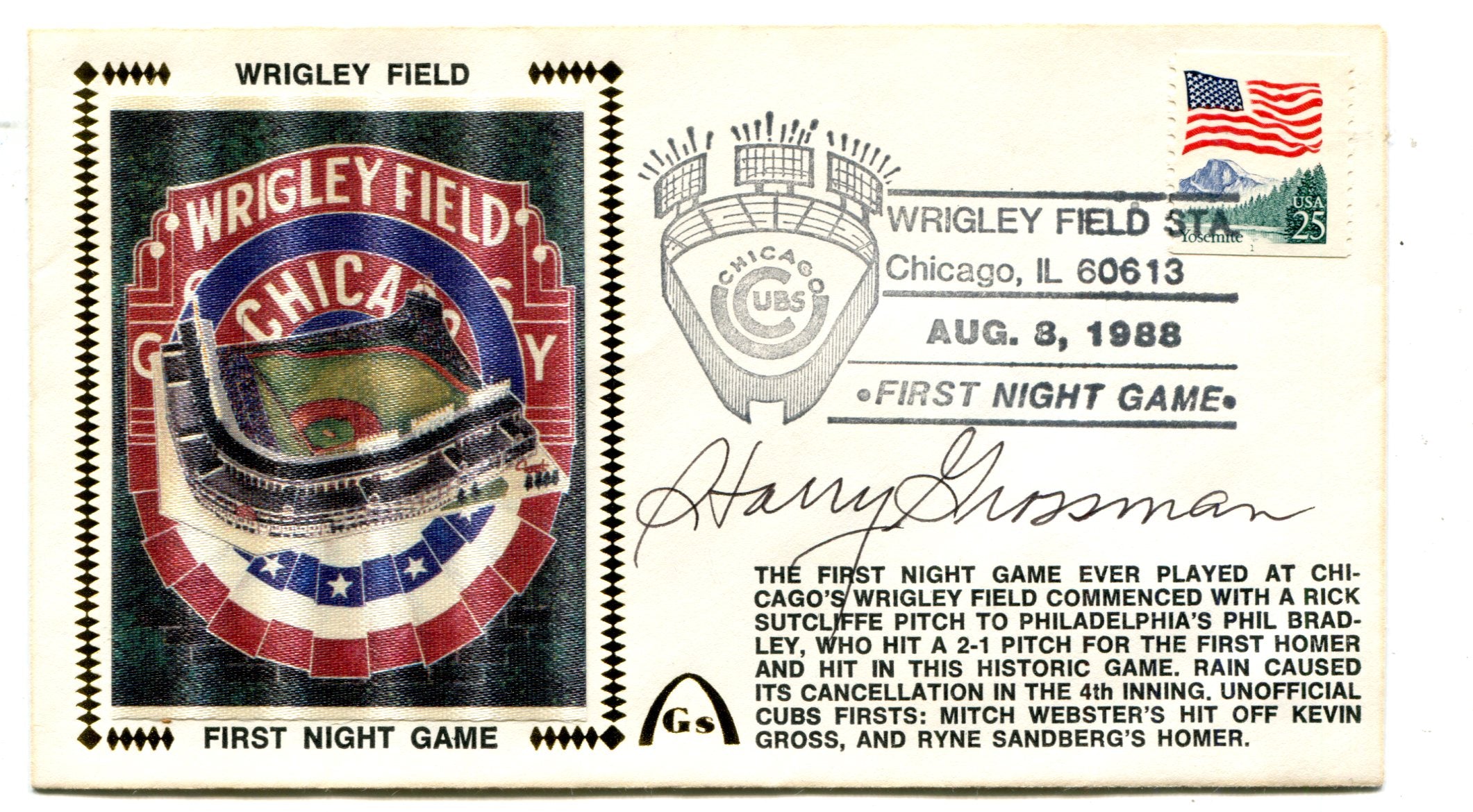 Harry Grossman Wrigley Field First Night Game Autographed First Day Co ...