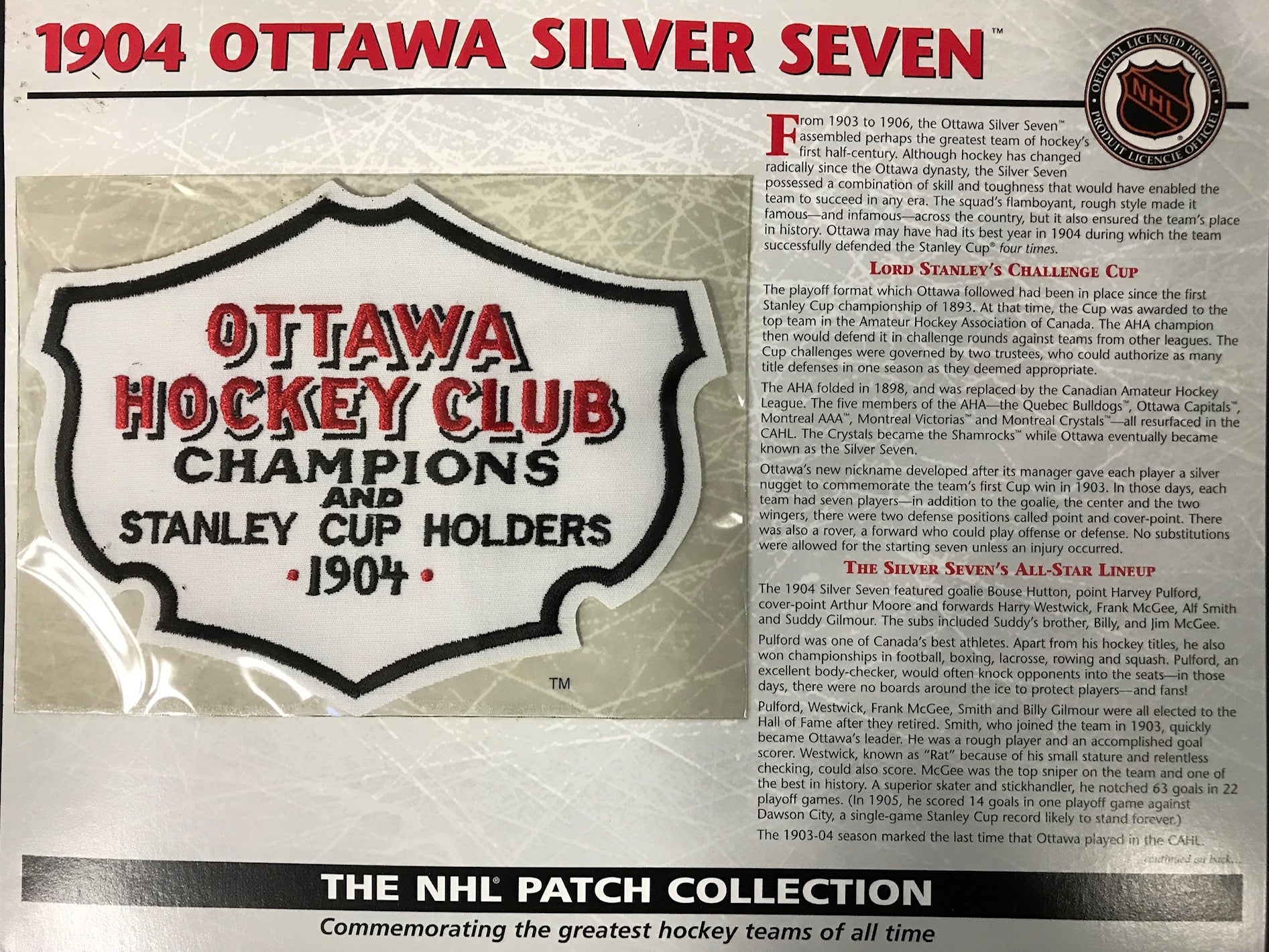 NHL 1904 Ottawa Silver Seven Official Patch on Team History Card ...