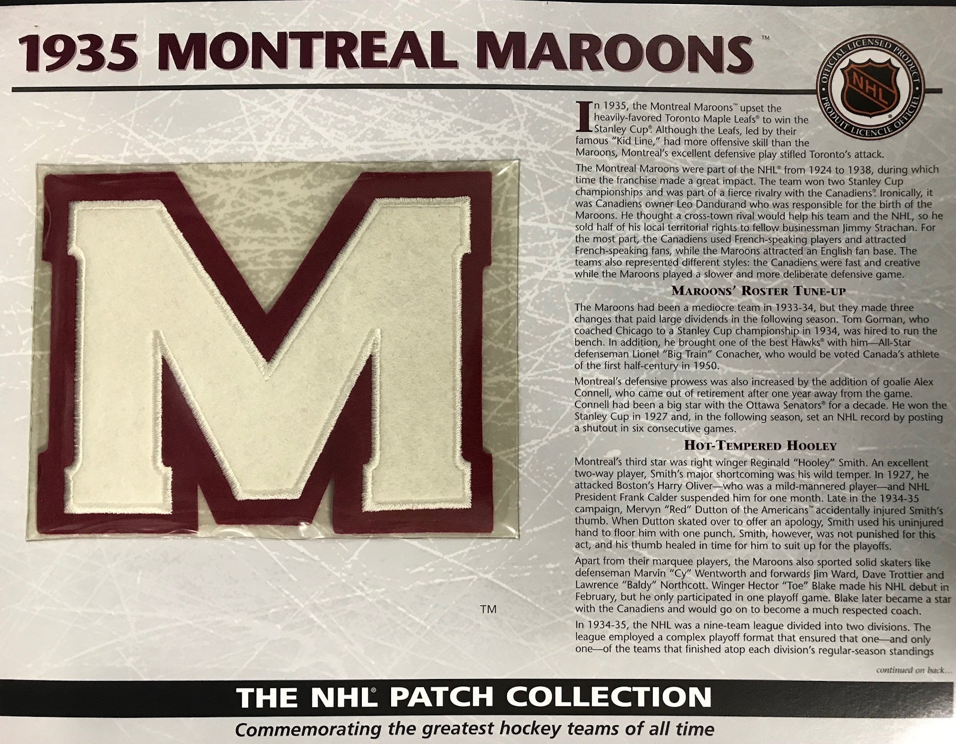 NHL 1935 Montreal Maroons Official Patch on Team History Card ...