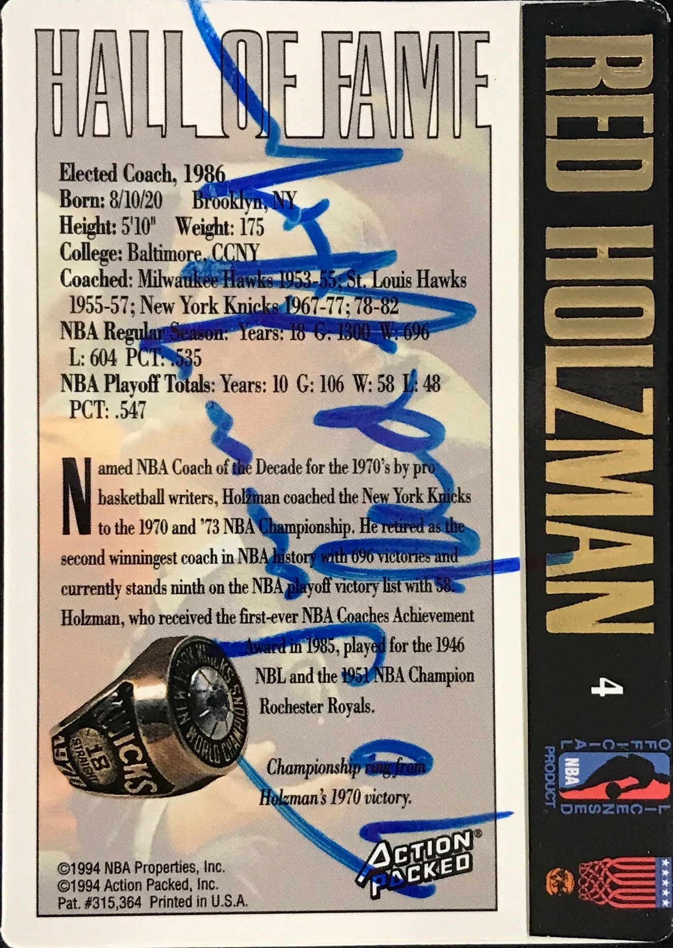 Red Holzman Signed 1994 Action Packed Card | Hollywood Collectibles