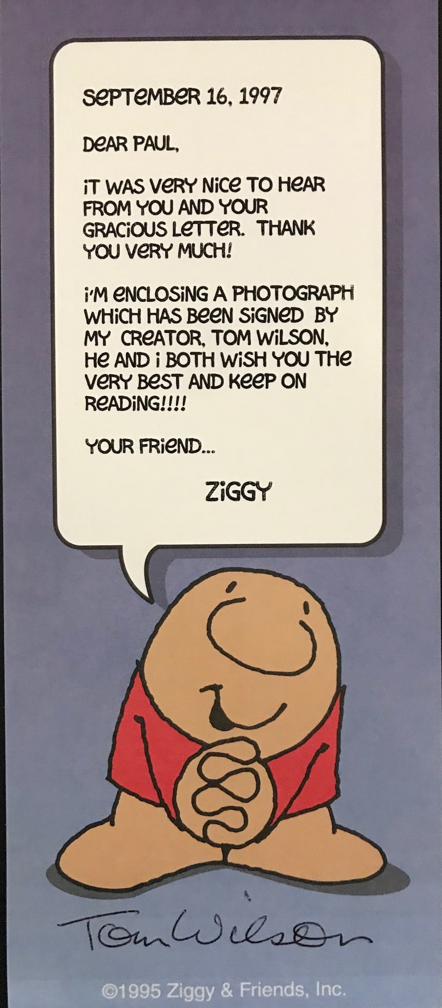 Tom Wilson Autographed 3 1/2 x 8 1/2 Ziggy Card | Hollywood Collectibles
